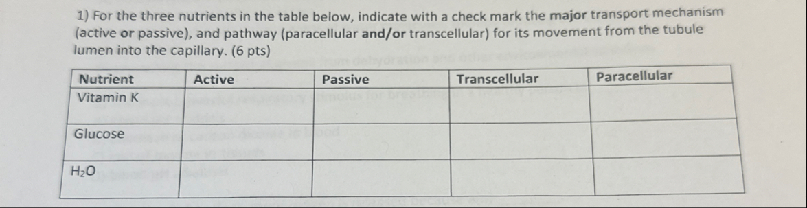 Solved For the three nutrients in the table below, indicate | Chegg.com