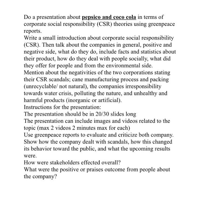 Solved Do a presentation about pepsico and coco cola in | Chegg.com