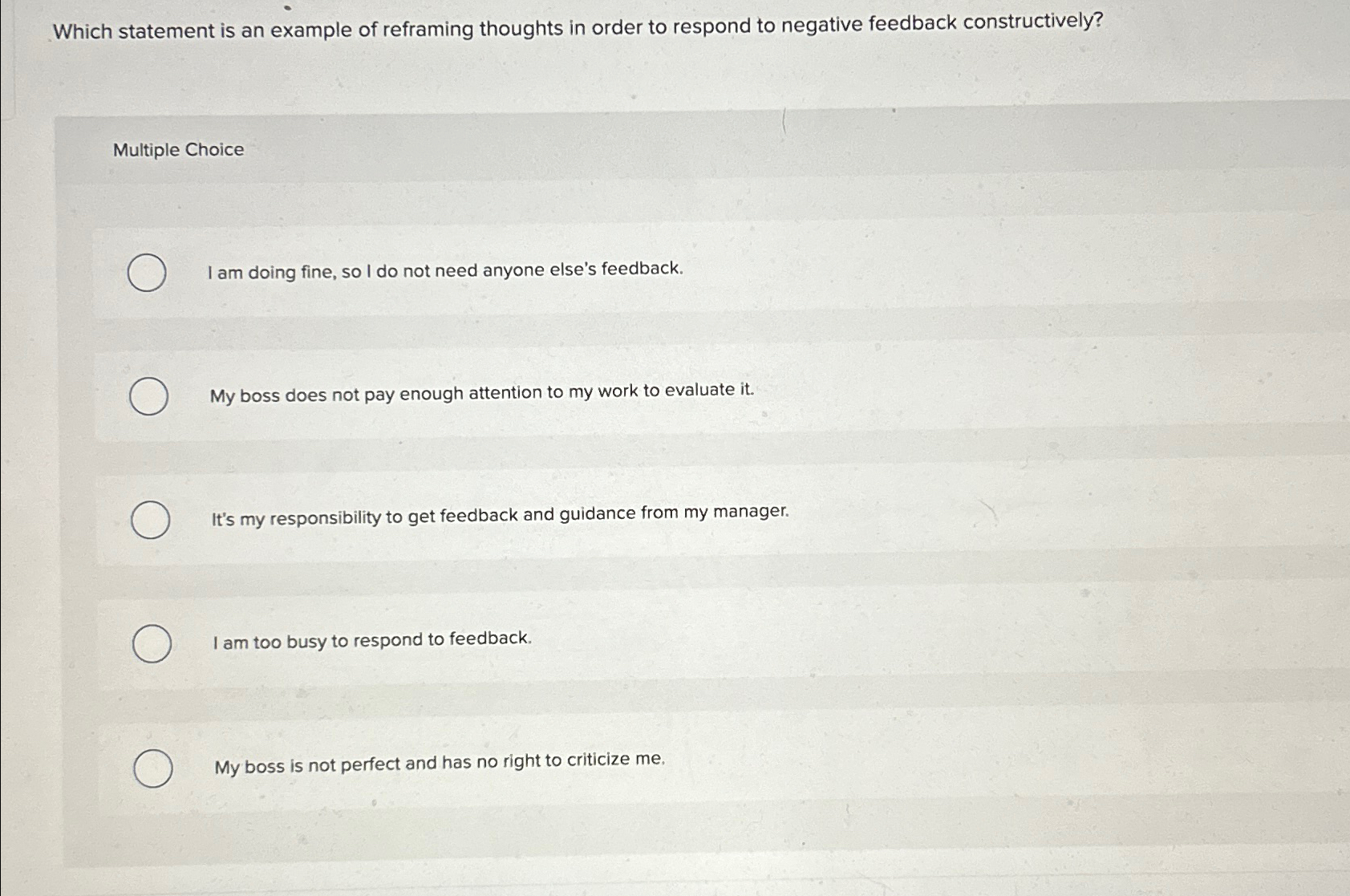 Solved Which statement is an example of reframing thoughts | Chegg.com