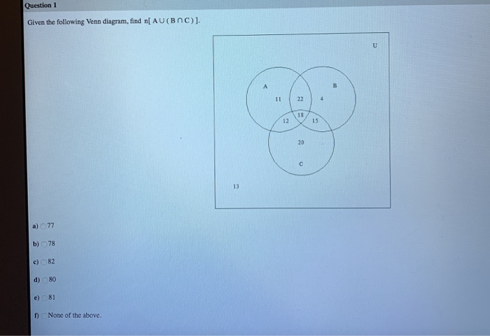 Solved Question 2 Given the following Venn diagram,find | Chegg.com