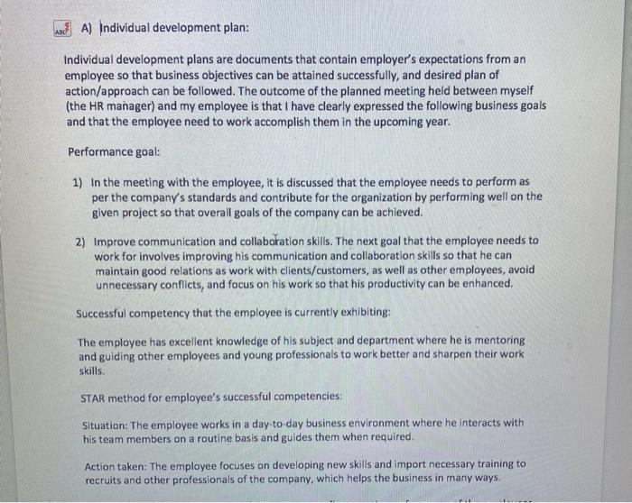 read the individual development plan and the | Chegg.com