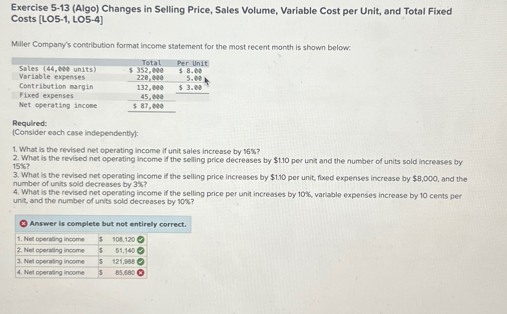 Solved Exercise 5-13 (Algo) ﻿Changes in Selling Price, Sales | Chegg.com