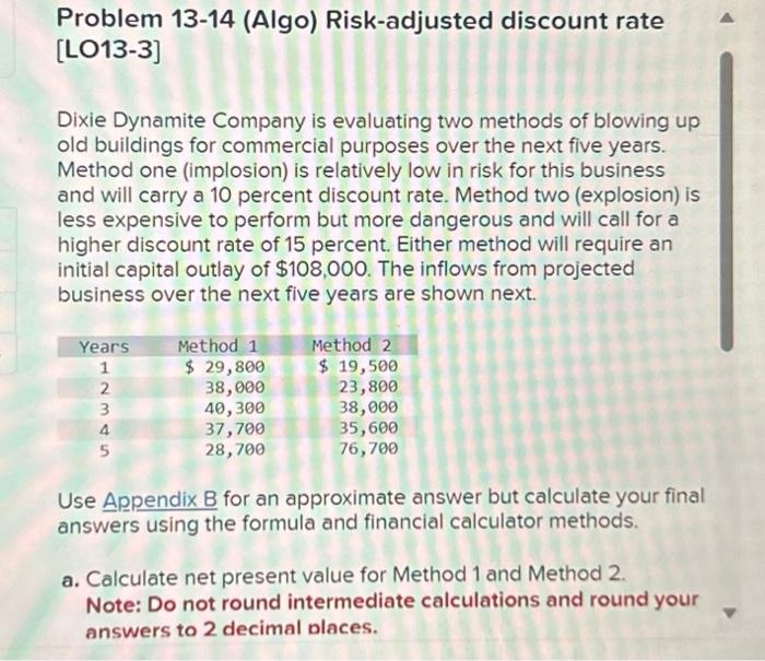 Solved Problem 13-14 (Algo) Risk-adjusted discount rate | Chegg.com