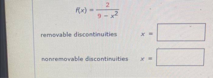 Solved f(x)=9−x22 removable discontinuities x= nonremovable | Chegg.com