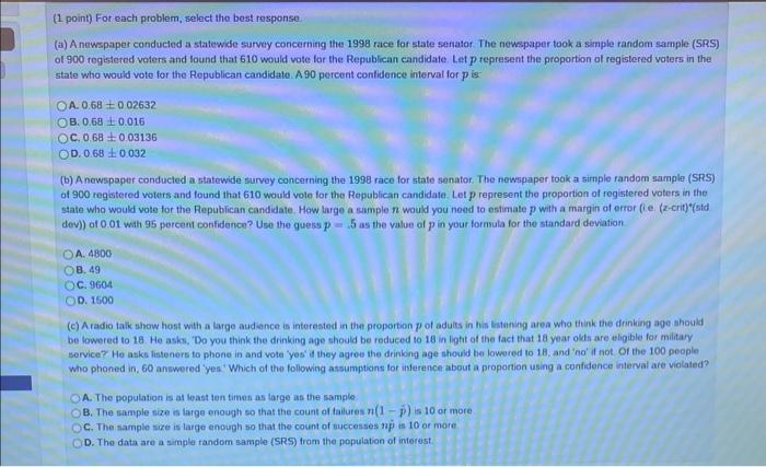 Solved (1 point) For each problem, select the best response. | Chegg.com