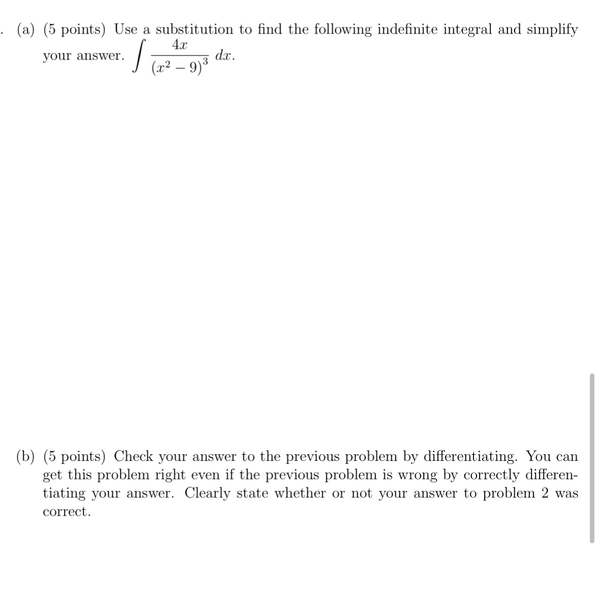 Solved (a) (5 ﻿points) ﻿Use a substitution to find the | Chegg.com