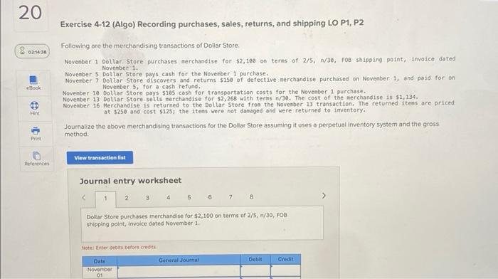 Solved Exercise 4-12 (Algo) Recording purchases, sales, | Chegg.com