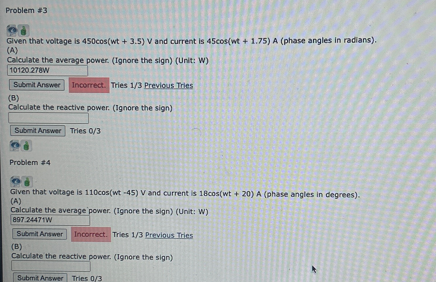 Solved Problem #3Given that voltage is 450cos(wt+3.5)V ﻿and | Chegg.com