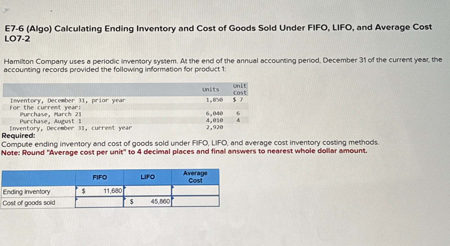 Solved E7-6 (Algo) ﻿Calculating Ending Inventory and Cost of | Chegg.com