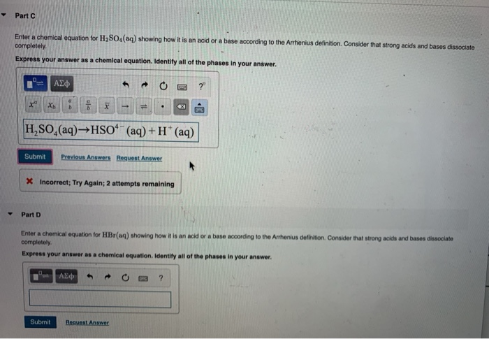 Solved Part C Enter a chemical equation for H2SO (aq) | Chegg.com