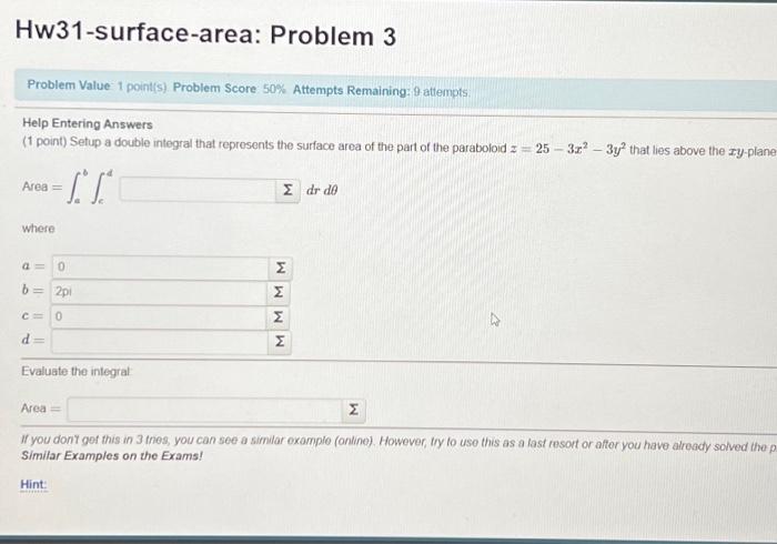 Hw31-surface-area: Problem 3 Problem Value: 1 | Chegg.com