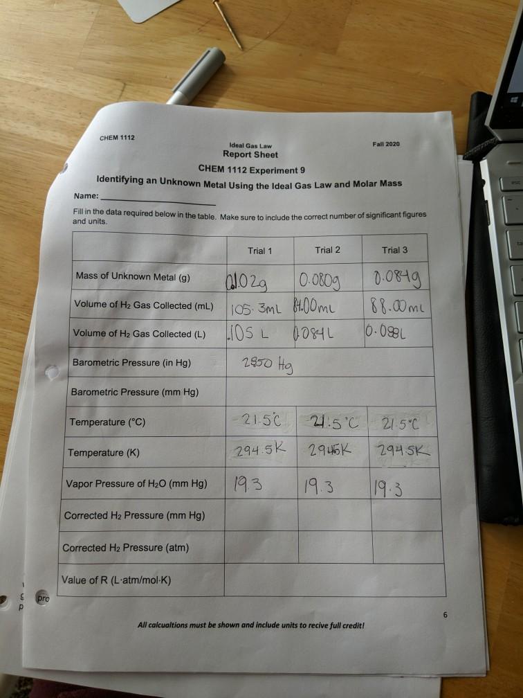 Solved CHEM 1112 Fall 2020 Ideal Gas Law Report Sheet CHEM | Chegg.com