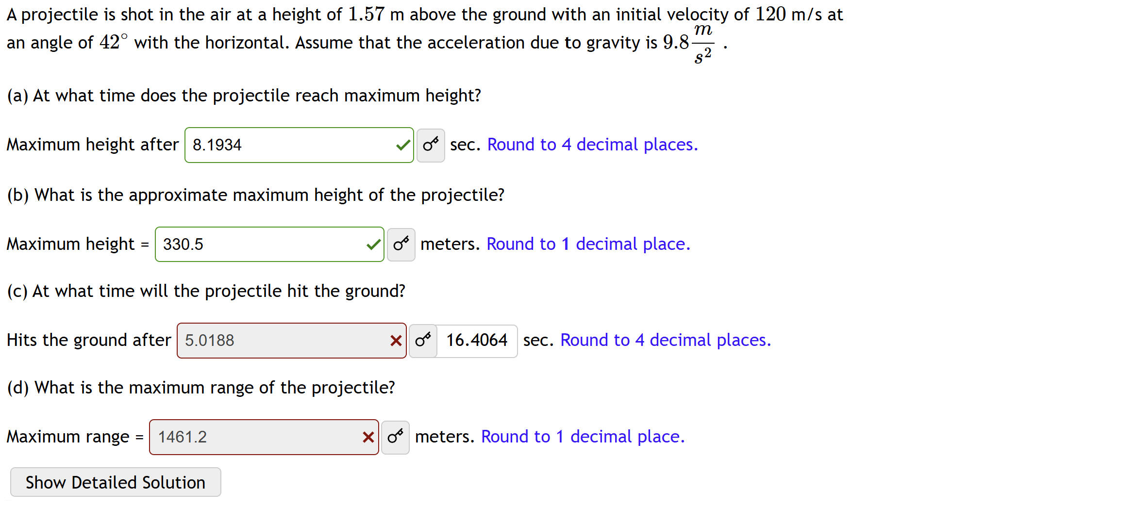 Solved A projectile is shot in the air at a height of 1.57m | Chegg.com