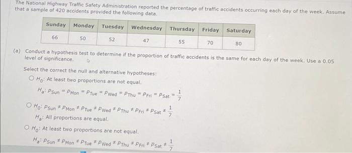 Solved The National Highway Traffic Safety Administration | Chegg.com