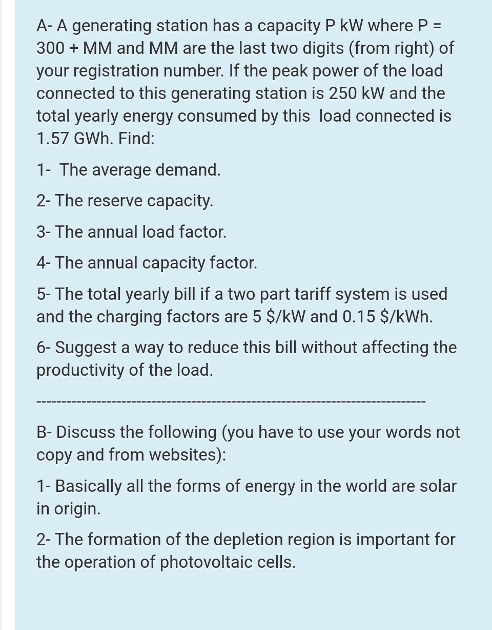 Solved A- ﻿A generating station has a capacity PkW ﻿where | Chegg.com