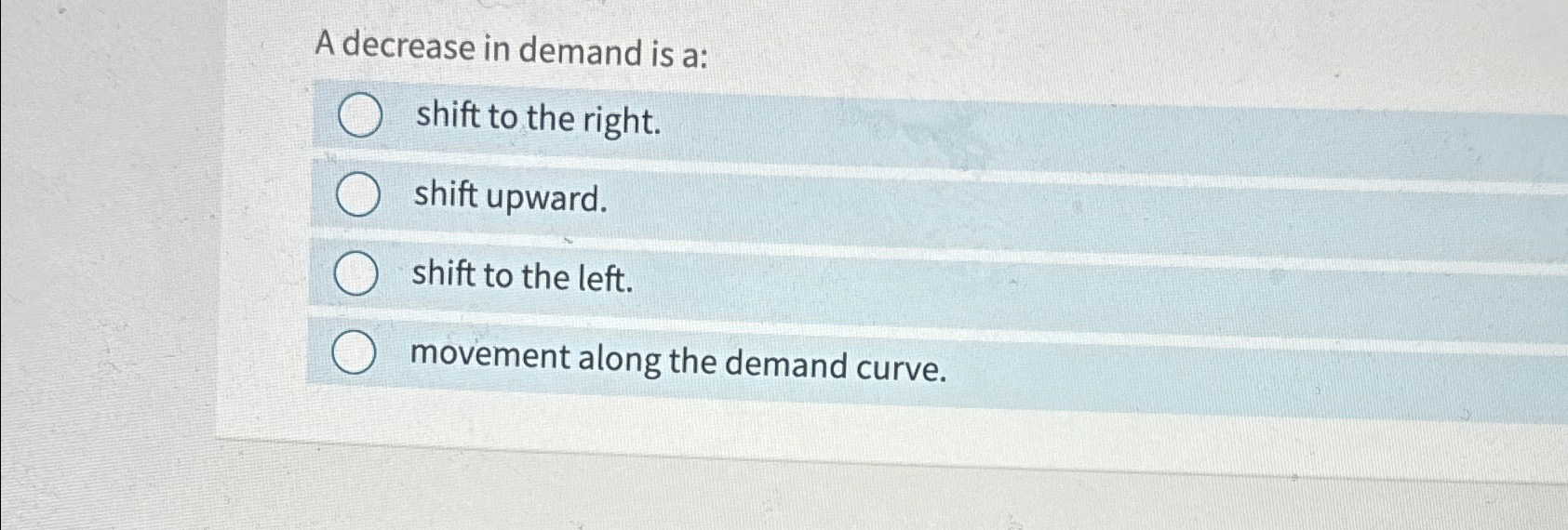 Solved A decrease in demand is a:shift to the right.shift | Chegg.com