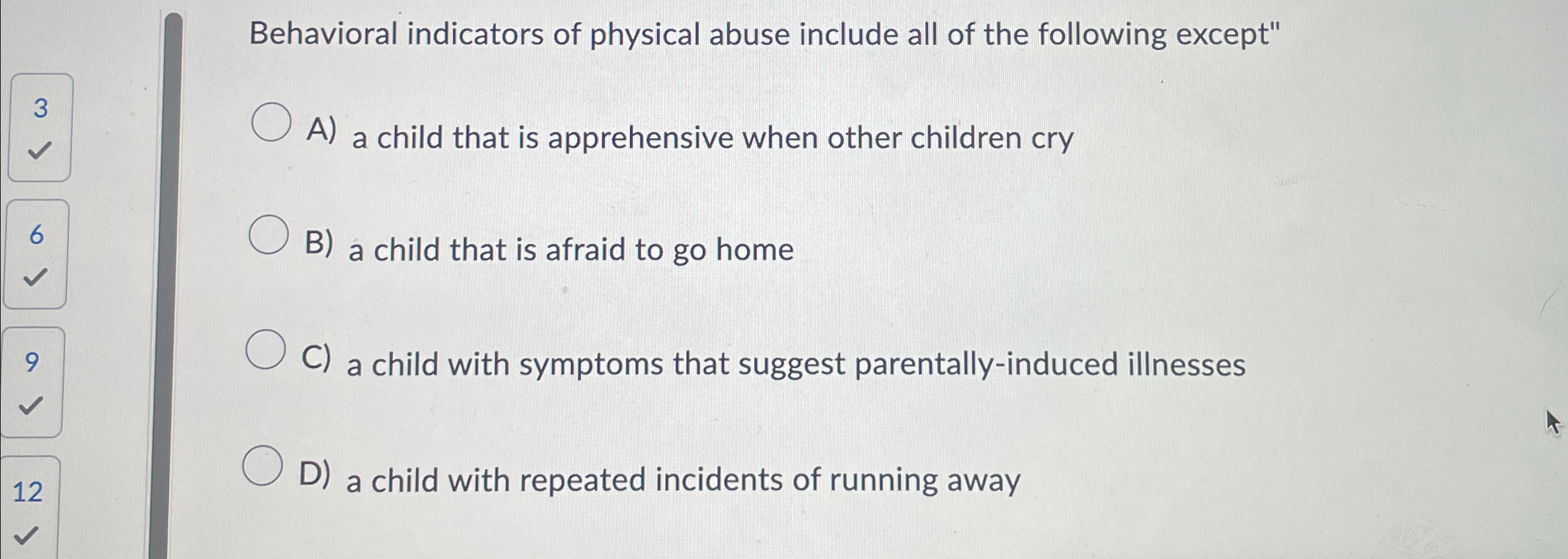 Solved Behavioral indicators of physical abuse include all | Chegg.com