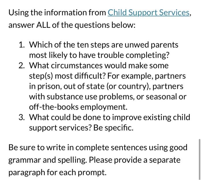Using the information from Child Support Services, | Chegg.com