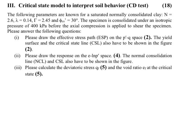 III. Critical state model to interpret soil behavior | Chegg.com
