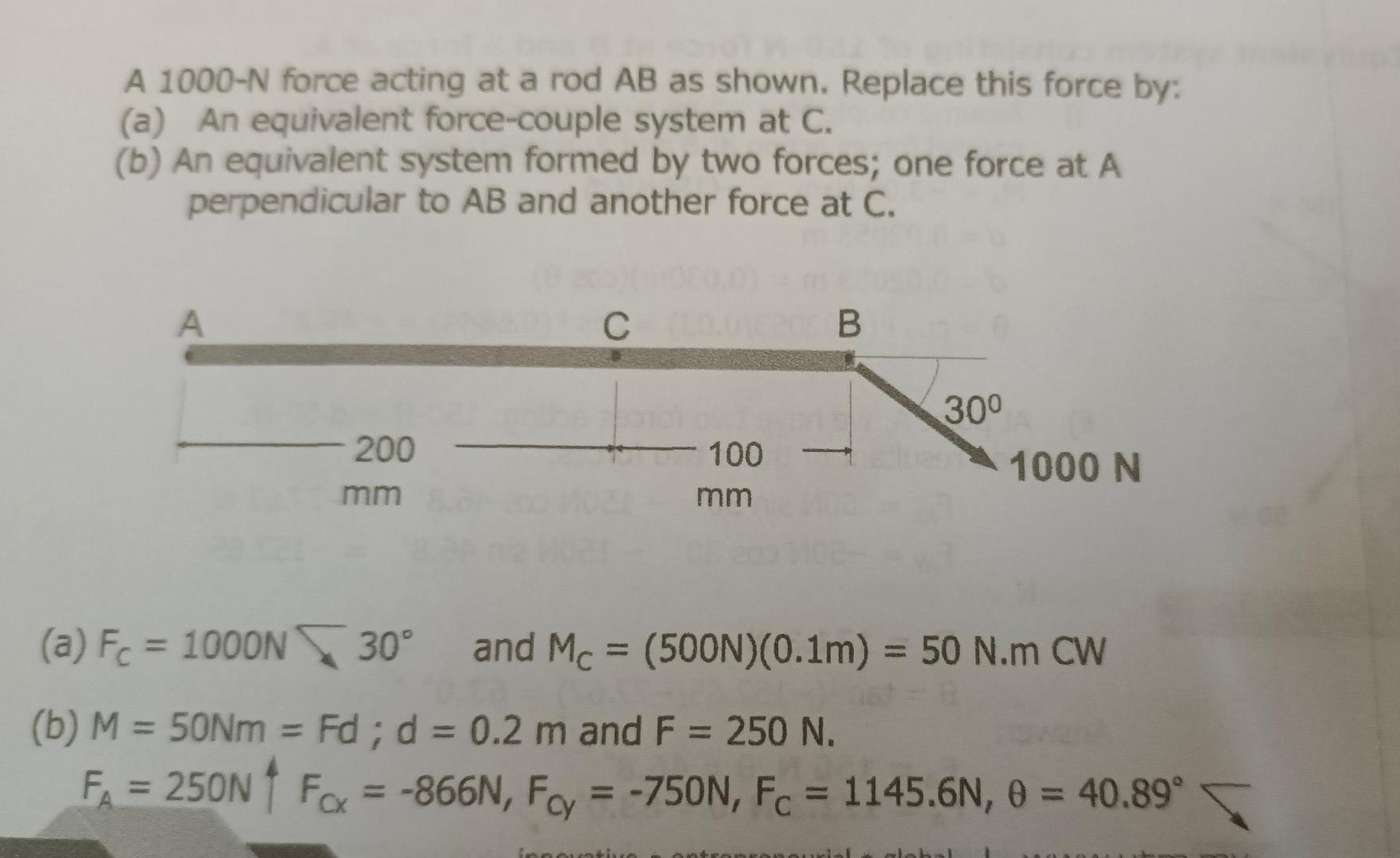 Solved A 1000-N force acting at a rod AB as shown. Replace | Chegg.com