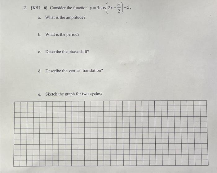 Solved 2. {K/U−6} Consider the function y=3cos(2x−2π)−5. a. | Chegg.com