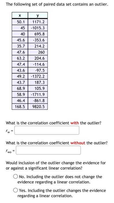 Solved The following set of paired data set contains an | Chegg.com