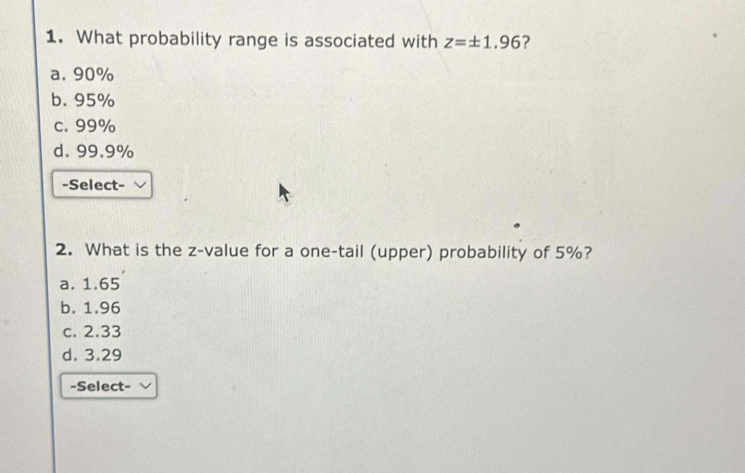 Solved What probability range is associated with z=+-1.96 | Chegg.com