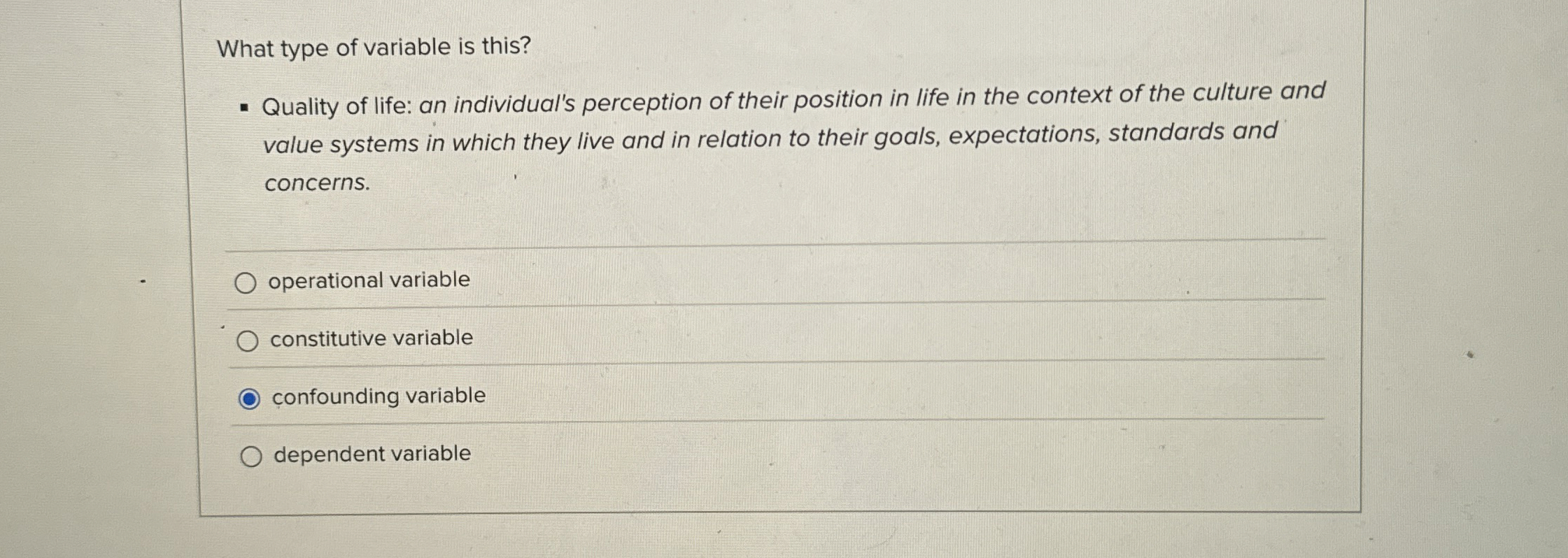 Solved What type of variable is this?Quality of life: an | Chegg.com