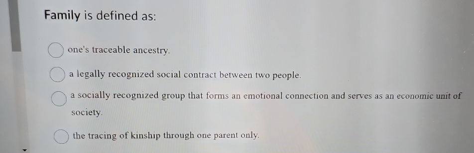 Solved Family is defined as:one's traceable ancestry.a | Chegg.com