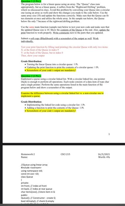 Solved Question 1 The program below is for a linear queue | Chegg.com