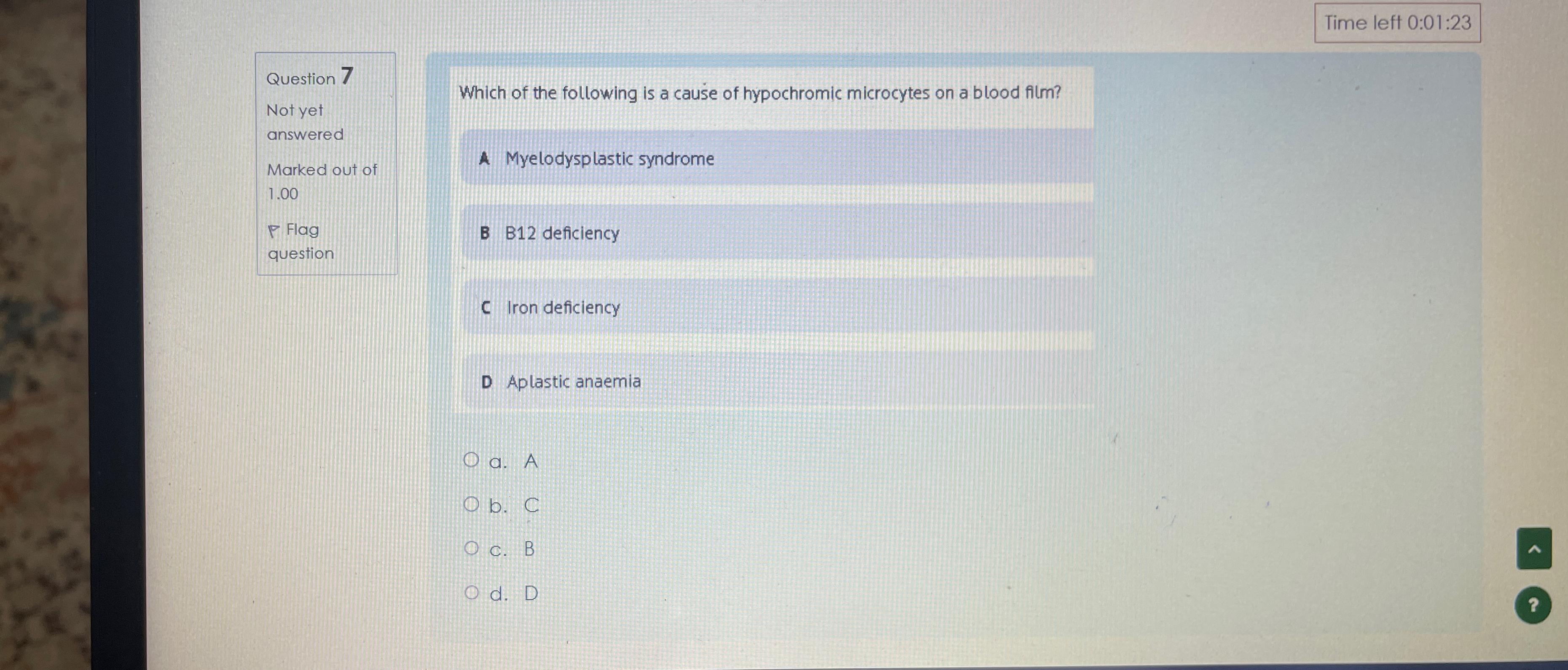 Solved Time left 0:01:23Question 7Not yet answeredMarked out | Chegg.com