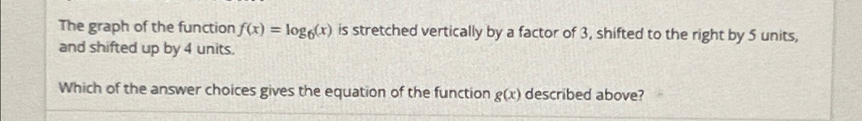 Solved The graph of the function f(x)=log6(x) ﻿is stretched | Chegg.com