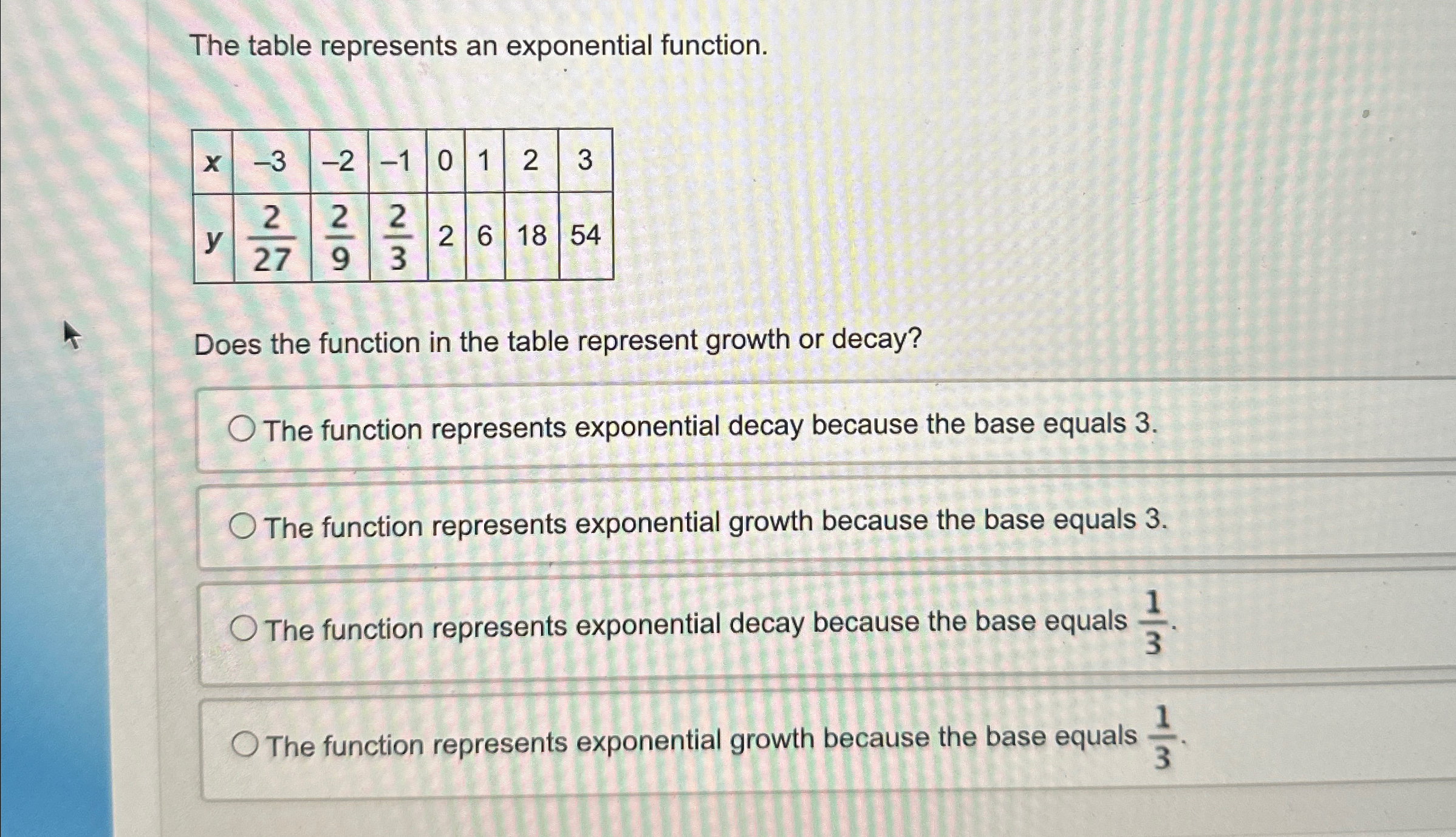 Solved The table represents an exponential function. | Chegg.com