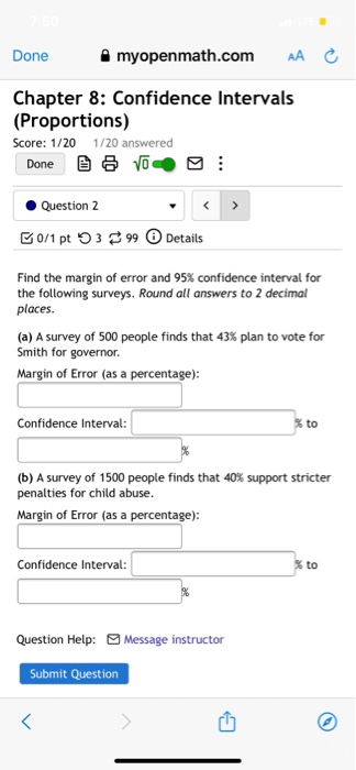 Solved Done myopenmath.com AA с Chapter 8: Confidence | Chegg.com