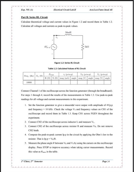 Solved Exp. NO. (1) Electrical Circuit Lek.II Asst. lect. | Chegg.com
