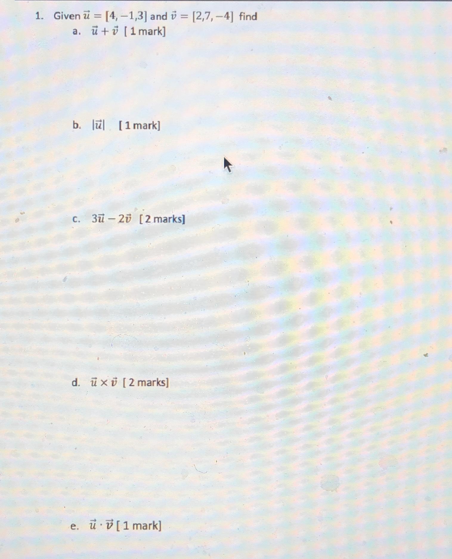 Solved Given vec(u)=[4,-1,3] ﻿and vec(v)=[2,7,-4] ﻿finda. | Chegg.com