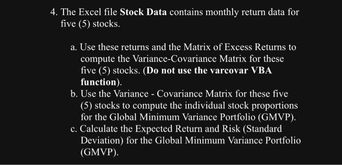 4. The Excel file Stock Data contains monthly return | Chegg.com
