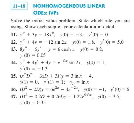 Solved NONHOMOGENEOUS LINEAR ODEs: IVPS Solve the initial | Chegg.com