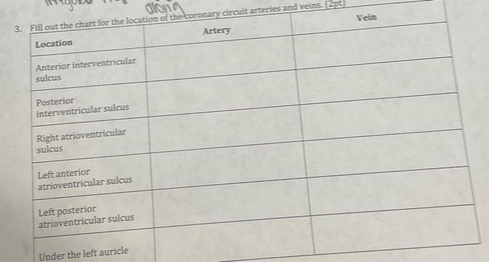 Solved 3. Fill out the chart for the location of the | Chegg.com