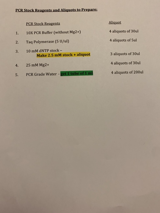 Solved PCR Stock Reagents and Aliquots to Prepare: PCR Stock | Chegg.com