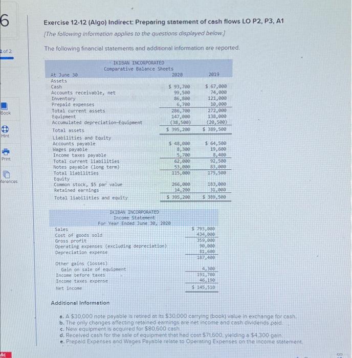 Solved Exercise 12-12 (Algo) Indirect: Preparing statement | Chegg.com