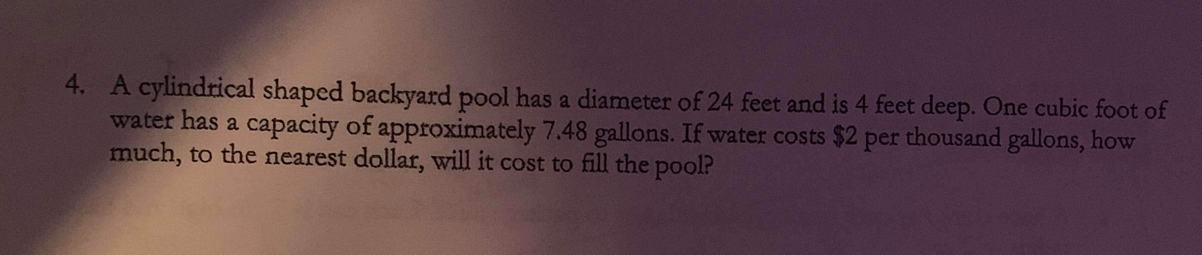 Solved A cylindrical shaped backyard pool has a diameter of | Chegg.com