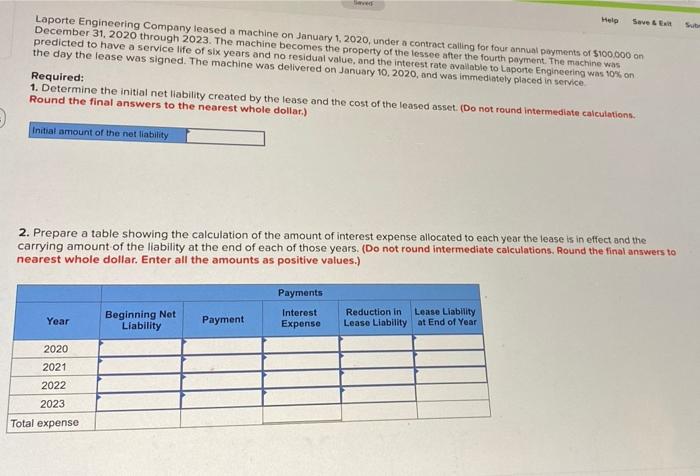 Solved ve Help Save Sub Laporte Engineering Company leased a | Chegg.com