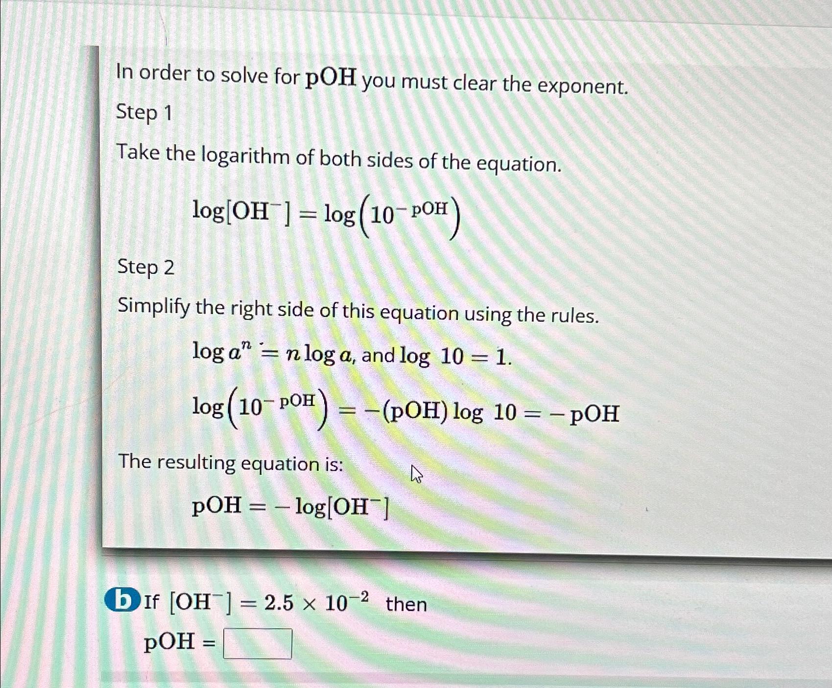 Solved In order to solve for pOH you must clear the | Chegg.com