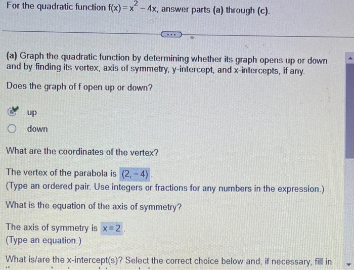 Solved For the quadratic function f(x)=x2−4x, answer parts | Chegg.com