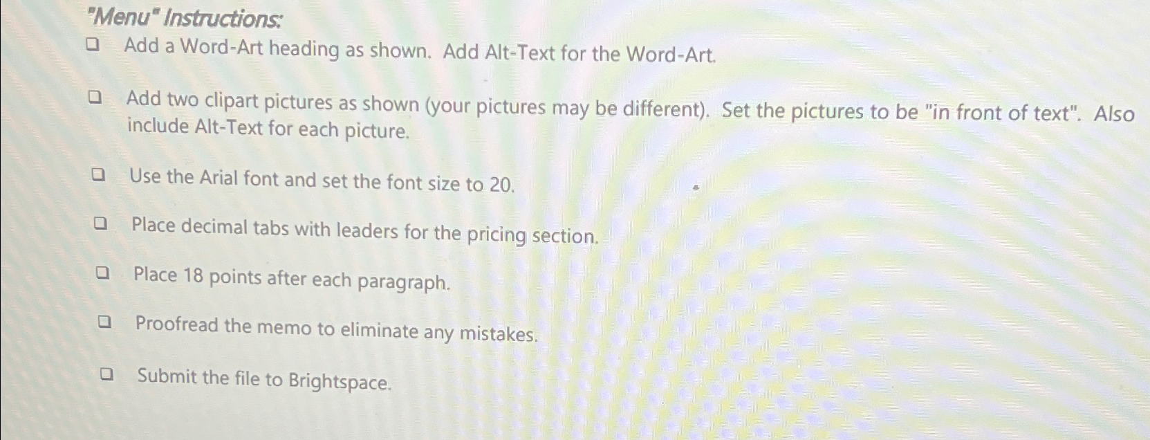 Solved "Menu" Instructions:Add a Word-Art heading as shown. | Chegg.com