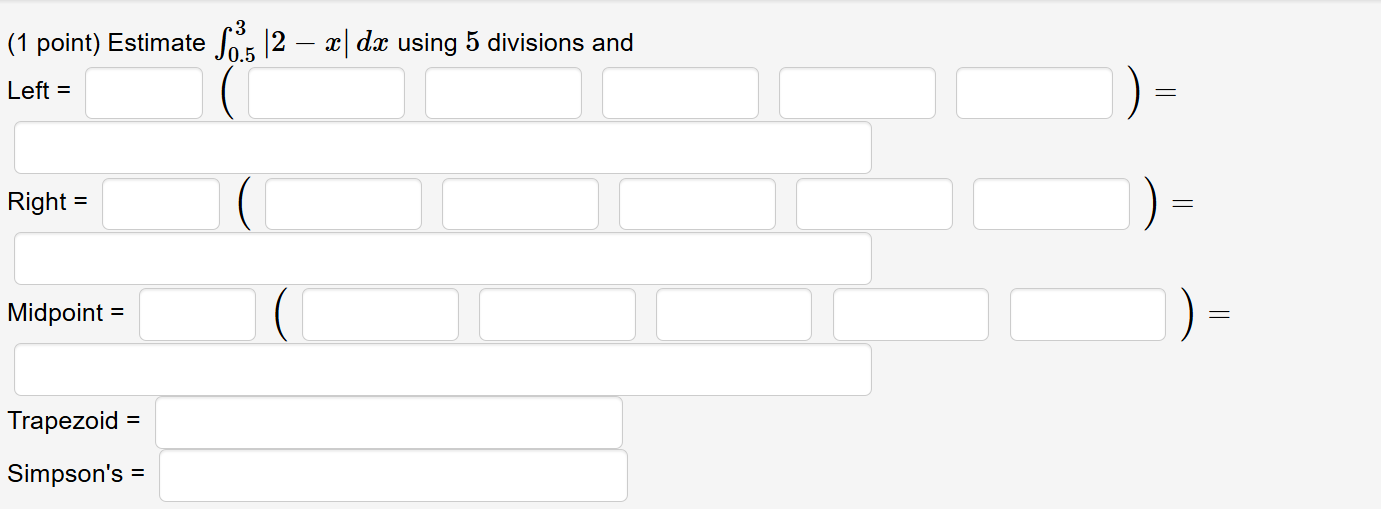 Solved (1 ﻿point) ﻿Estimate ∫0.53|2-x|dx ﻿using 5 ﻿divisions | Chegg.com