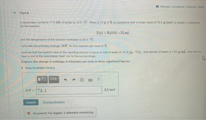 Solved Review Constants Periodic Table Part A A calorimeter | Chegg.com