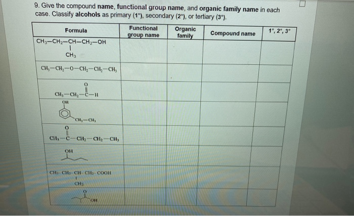 Solved 9. Give the compound name, functional group name, and | Chegg.com