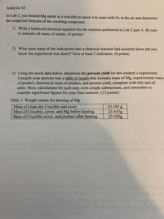 Solved Analysis #2: In Lab 2, you heated Mg metal in a | Chegg.com
